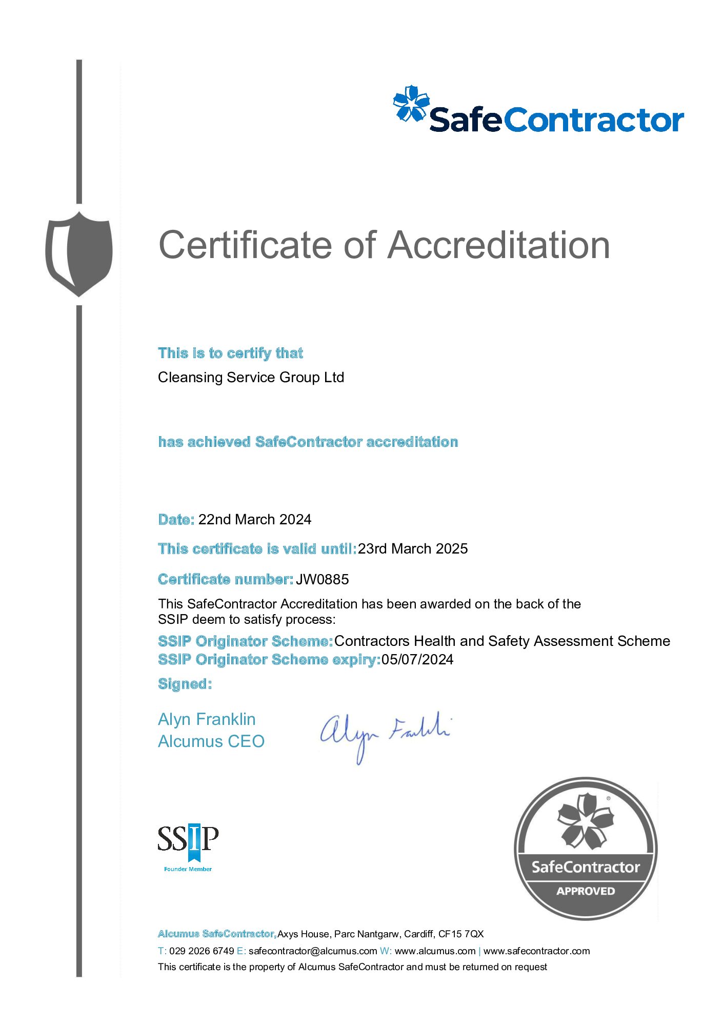 Alcumus SafeContractor Certificate (Mar 2024-2025) | CSG