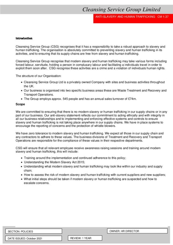 CM 1.37Anti slavery and human trafficking statement | CSG