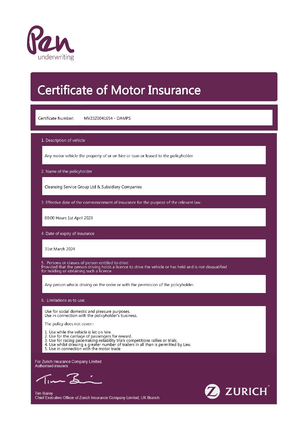 2023 Motor Certificate | CSG